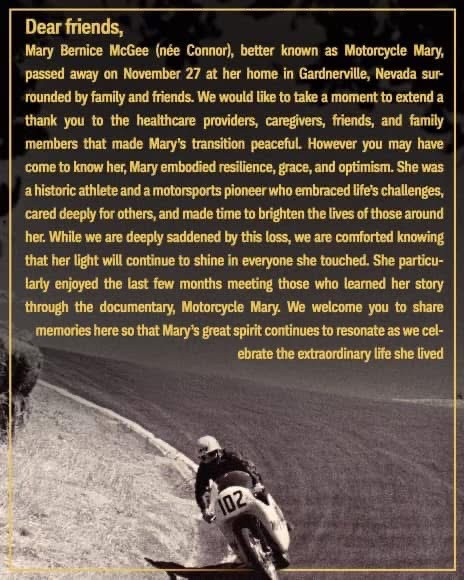 R.I.P.: Pioneering Racer "Motorcycle Mary" McGee - Roadracing World ...